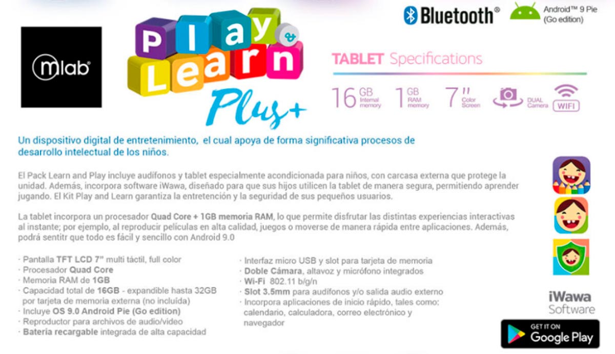 TABLET MICROLAB PLAY AND LEARN PLUS (7", 16B, WIFI, AZUL)