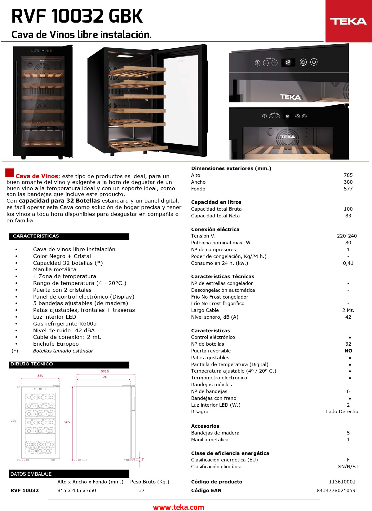 CAVA VINO TEKA 32 BOTELLAS RFV 10032 FS