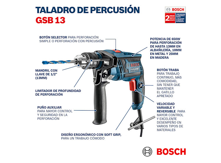 TALADRO PERCUTOR BOSCH GSB 13 RE 650W 220V 5 BROCAS Y MALETÍN