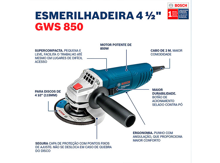 ESMERIL ANGULAR BOSCH GWS 850 DE 4 1/2" 850W 220V CON 3 DISCOS